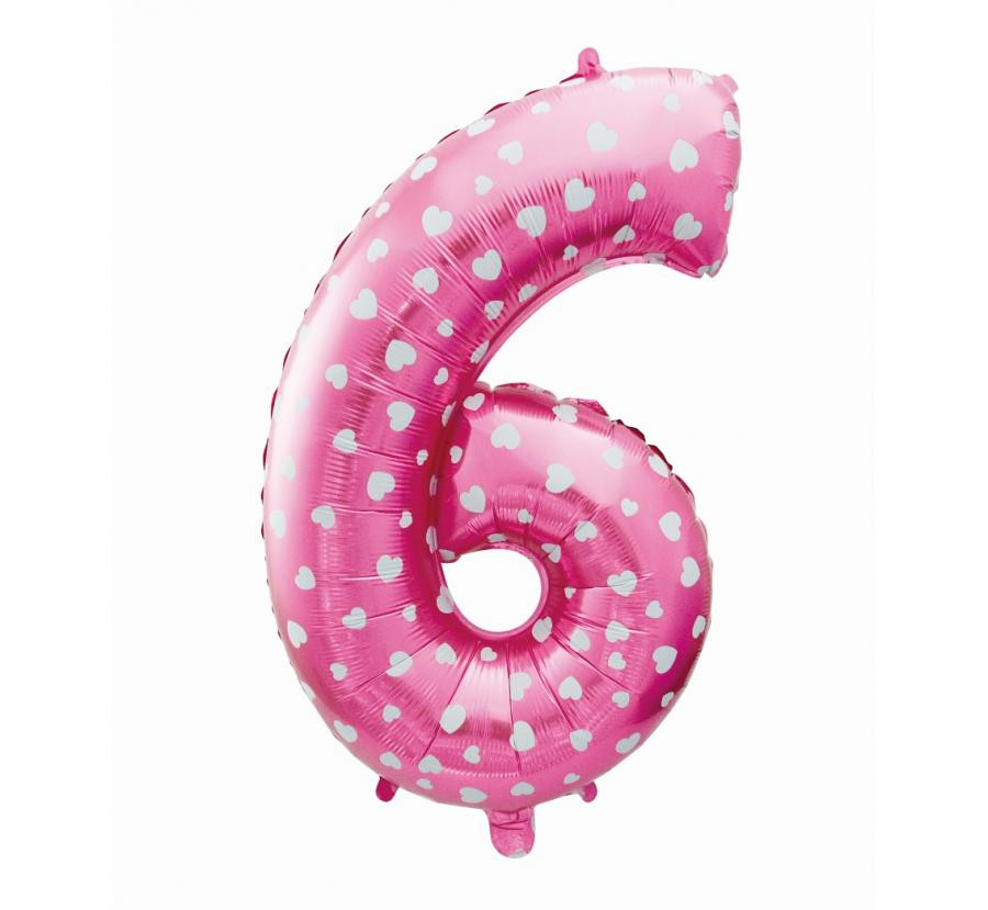 Number Pink with Hearts, Pink Number 6 Foil Balloon 61 cm - Javoli Dis